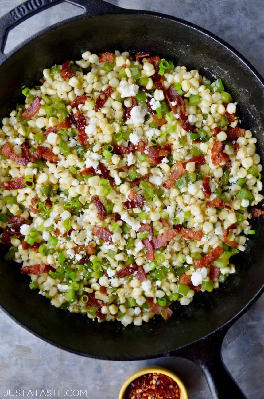 Garlicky Skillet Corn with Bacon - Just a Taste
