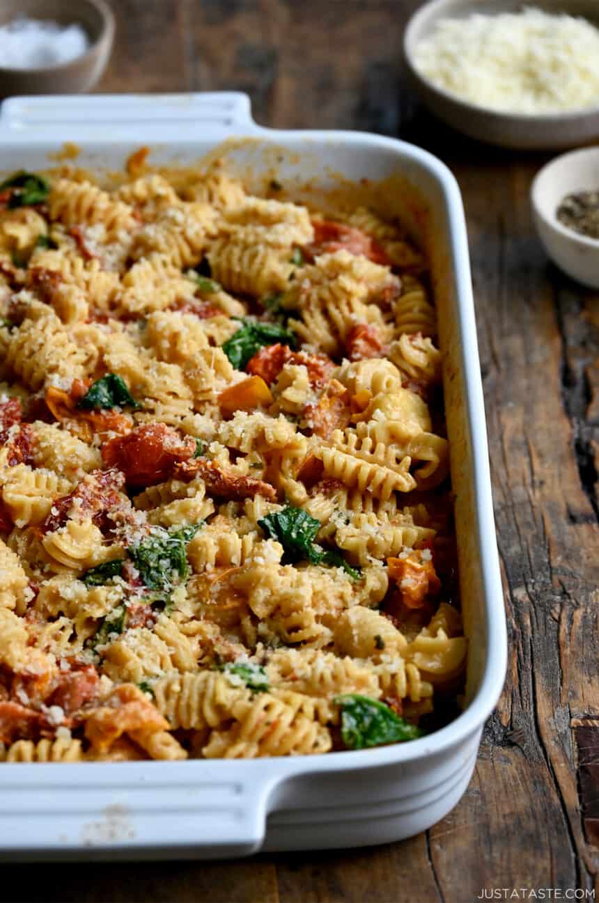 Baked Boursin Cheese Pasta with Sundried Tomatoes and Spinach - Just a Taste