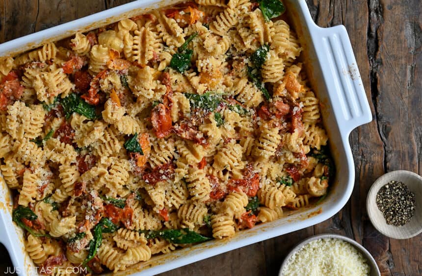Baked Boursin Cheese Pasta with Sundried Tomatoes and Spinach - Just a ...